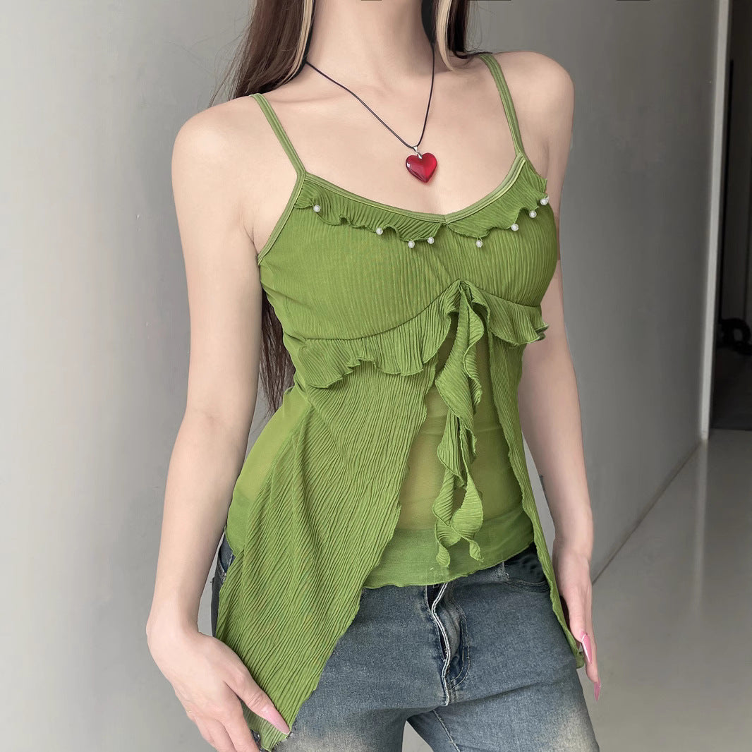 Ruffle u neck mesh textured green cami top – MUDSWEET