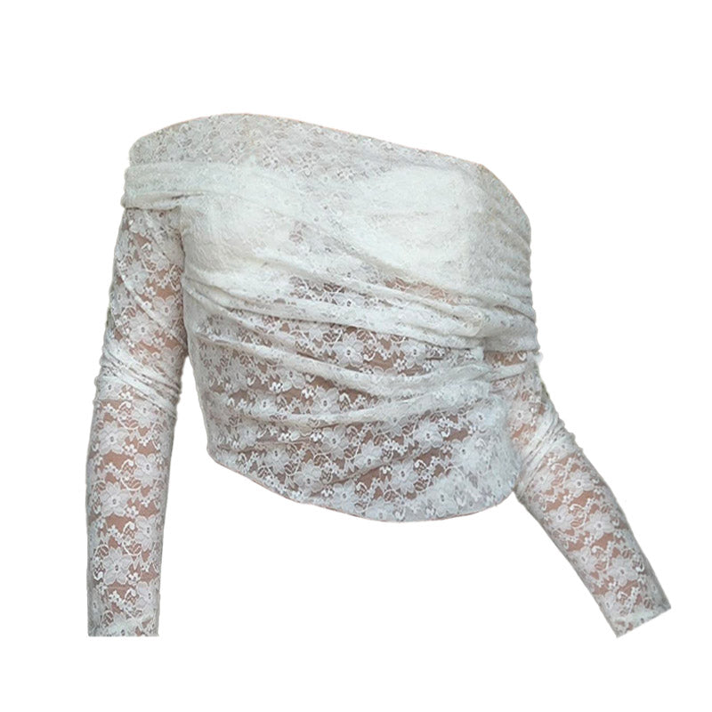 Long sleeve off shoulder lace ruched top – MUDSWEET