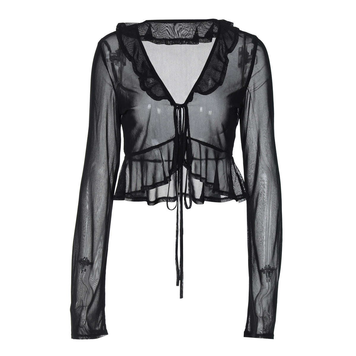 Long sleeve sheer mesh ruffle self tie top – MUDSWEET