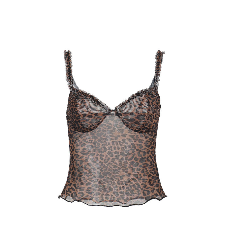 Leopard print v neck sheer mesh ruffle top – MUDSWEET