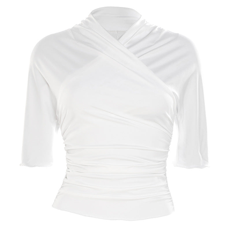 Ruched solid short sleeve cross front top – MUDSWEET