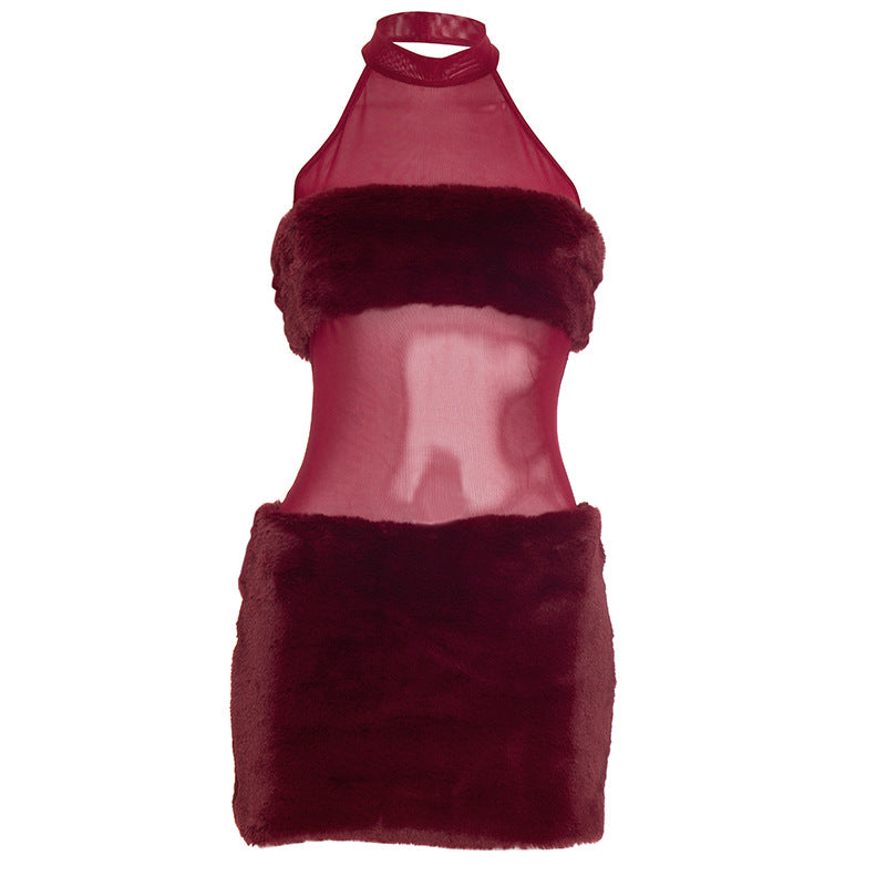Halter fluffy mesh patchwork mini dress – MUDSWEET