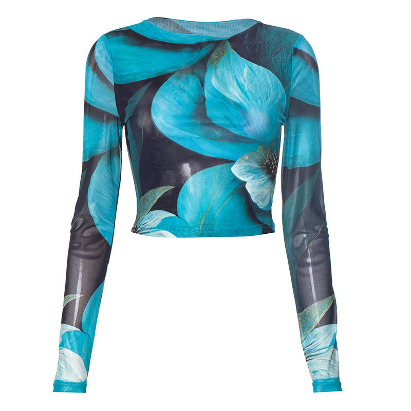 Long sleeve mesh flower print crop top – MUDSWEET