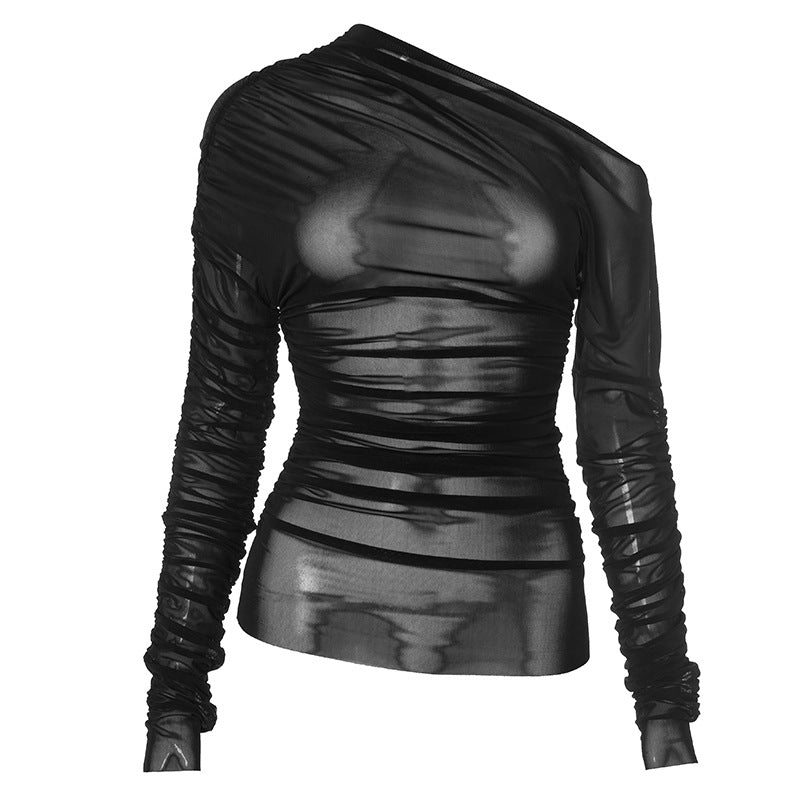 Sheer mesh long sleeve one shoulder ruched top – MUDSWEET
