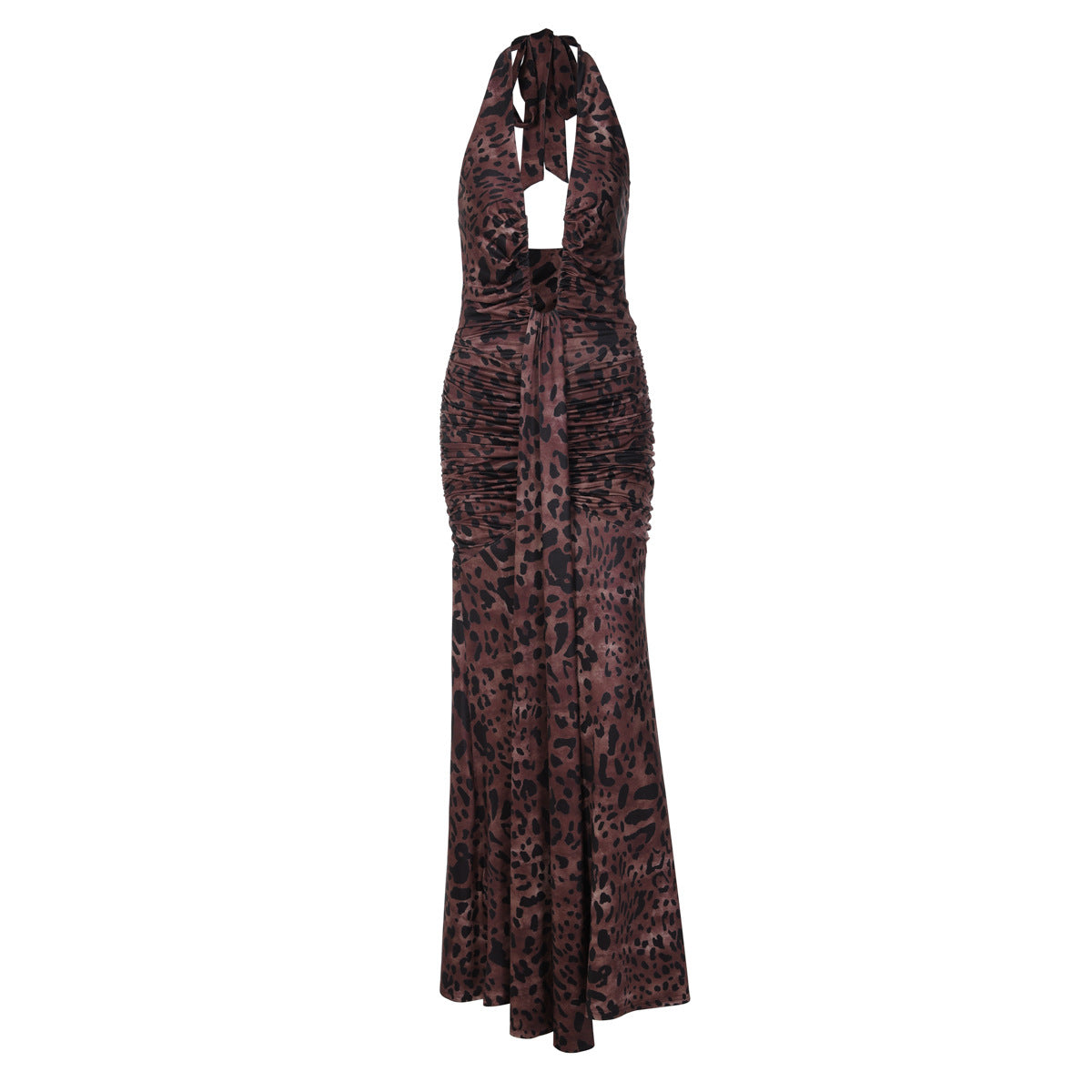 Halter self tie leopard print ruched backless maxi dress – MUDSWEET