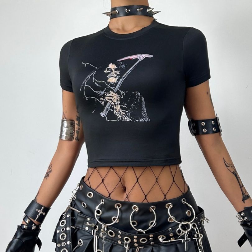 Death skeleton print slant pockets Baby Tee – MUDSWEET