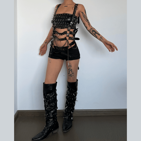 PU leather rivet applique metal chain o ring tube top – MUDSWEET