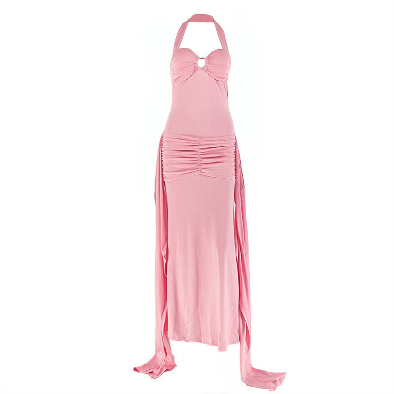 Halter ruched backless o ring maxi dress – MUDSWEET