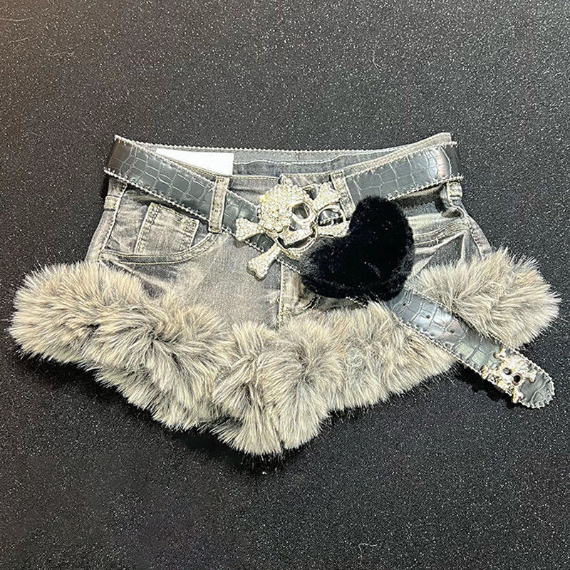 Fluffy low rise belt solid denim shorts without sweetheart applique ...