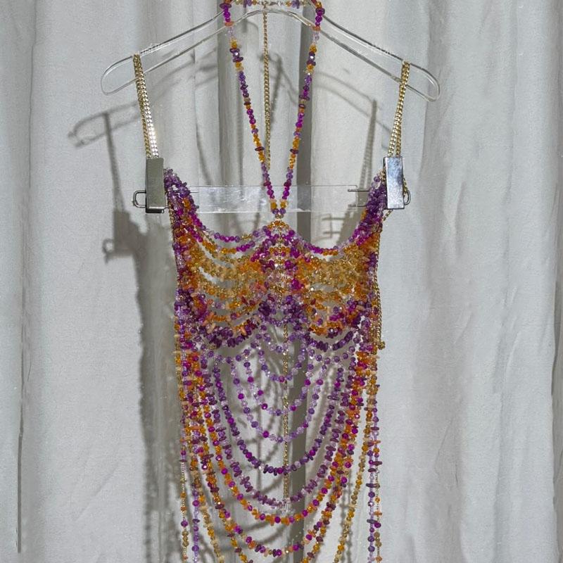 Metal chain halter beaded backless contrast top – MUDSWEET