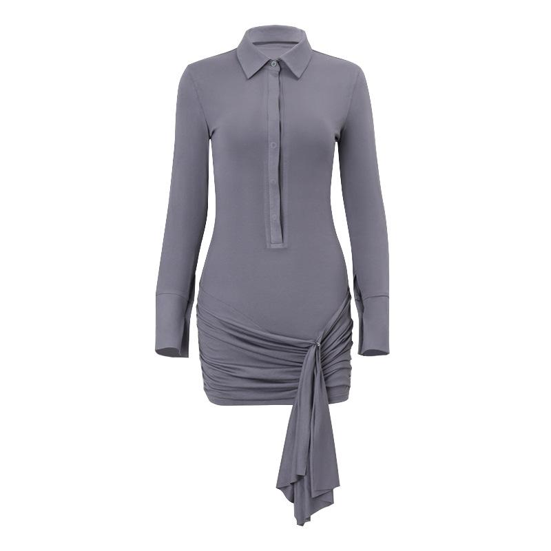 Turnover collar long sleeve button ruched mini dress – MUDSWEET