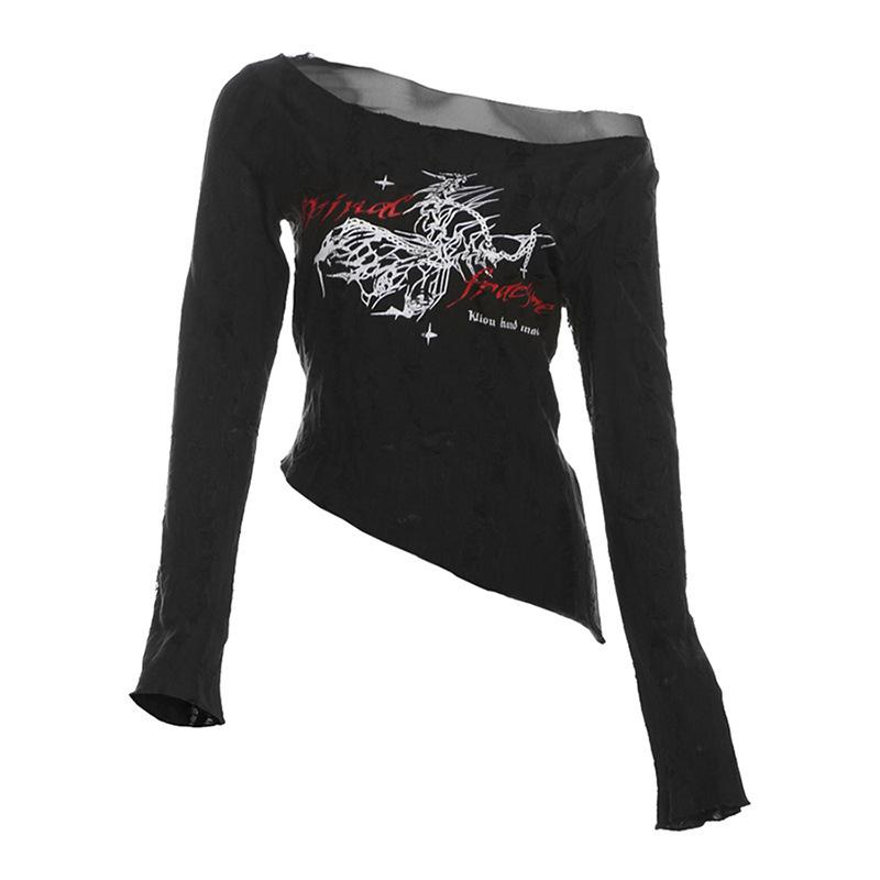 Long sleeve off shoulder abstract mesh top – MUDSWEET