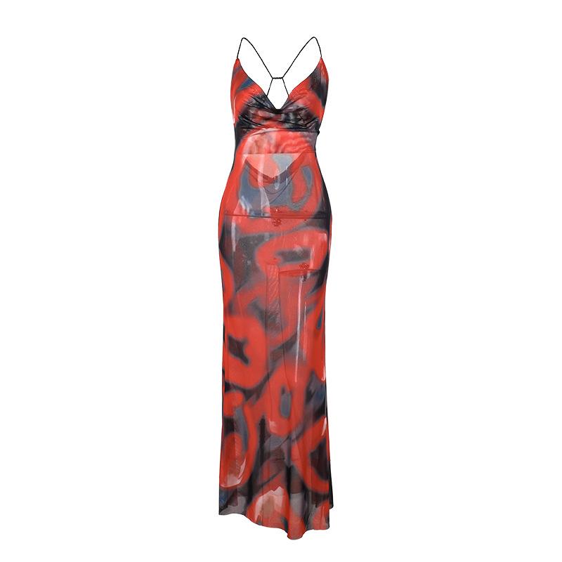 Cowl neck sheer mesh print spaghetti strap maxi dress – MUDSWEET