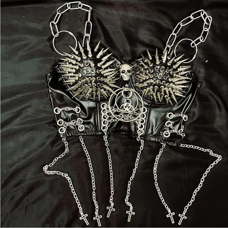 Skull o ring rivet PU leather metal chain cami top – MUDSWEET