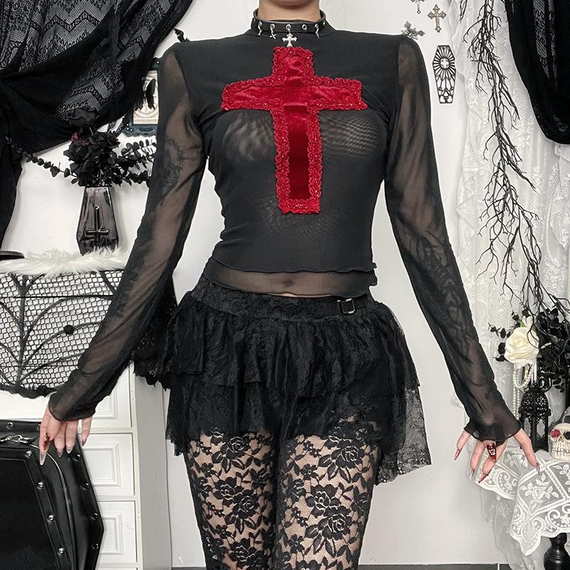 Crewneck long sleeve mesh cross pattern top – MUDSWEET