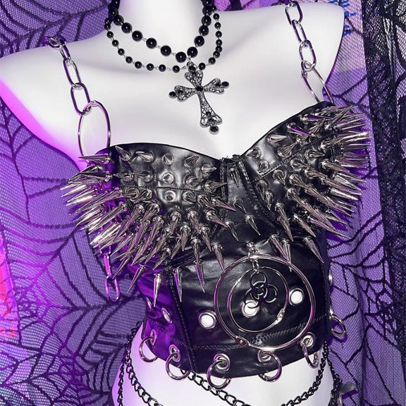 O ring hollow out metal chain rivet applique PU leather top – MUDSWEET