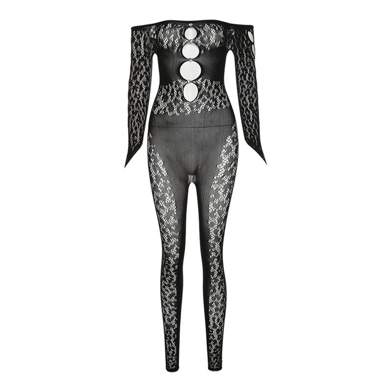Hollow out gloves fishnet see through off shoulder long sleeve jumpsui ...
